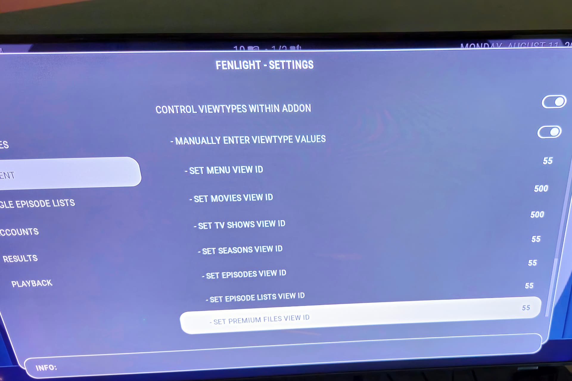 What are the numeric values for different types of views for FENLIGHT ...